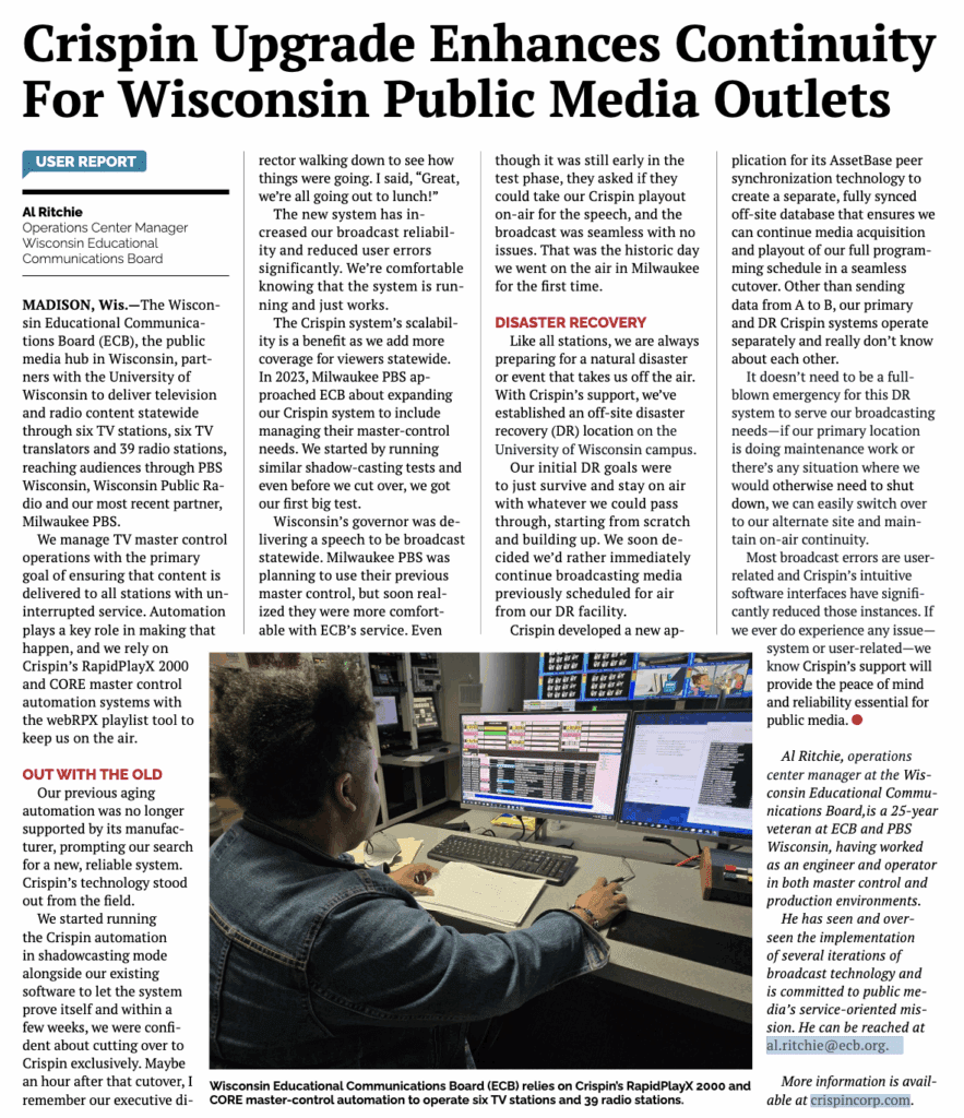 Crispin Corporation Featured in TVTech | WECB